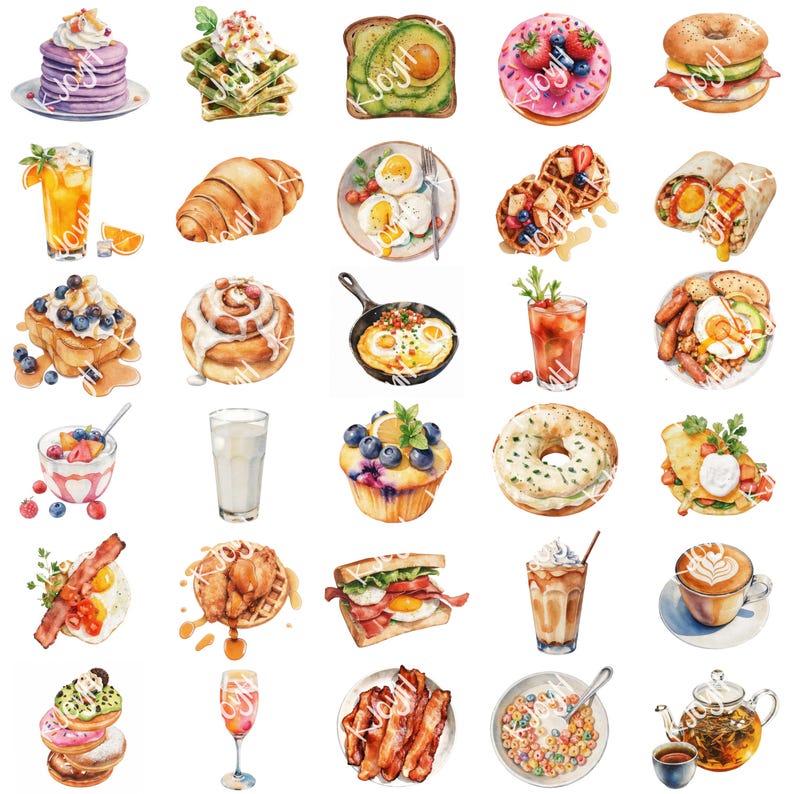 Watercolor Breakfast Clipart: Food Illustrations, Brunch Menu (30 PNG ...
