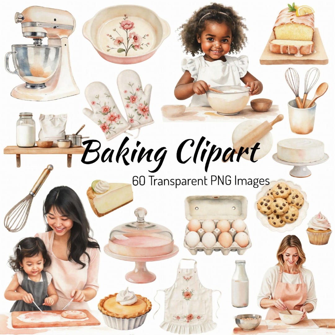 Watercolor Baking Clipart Bundle: 60 PNG Food Illustrations (digital ...