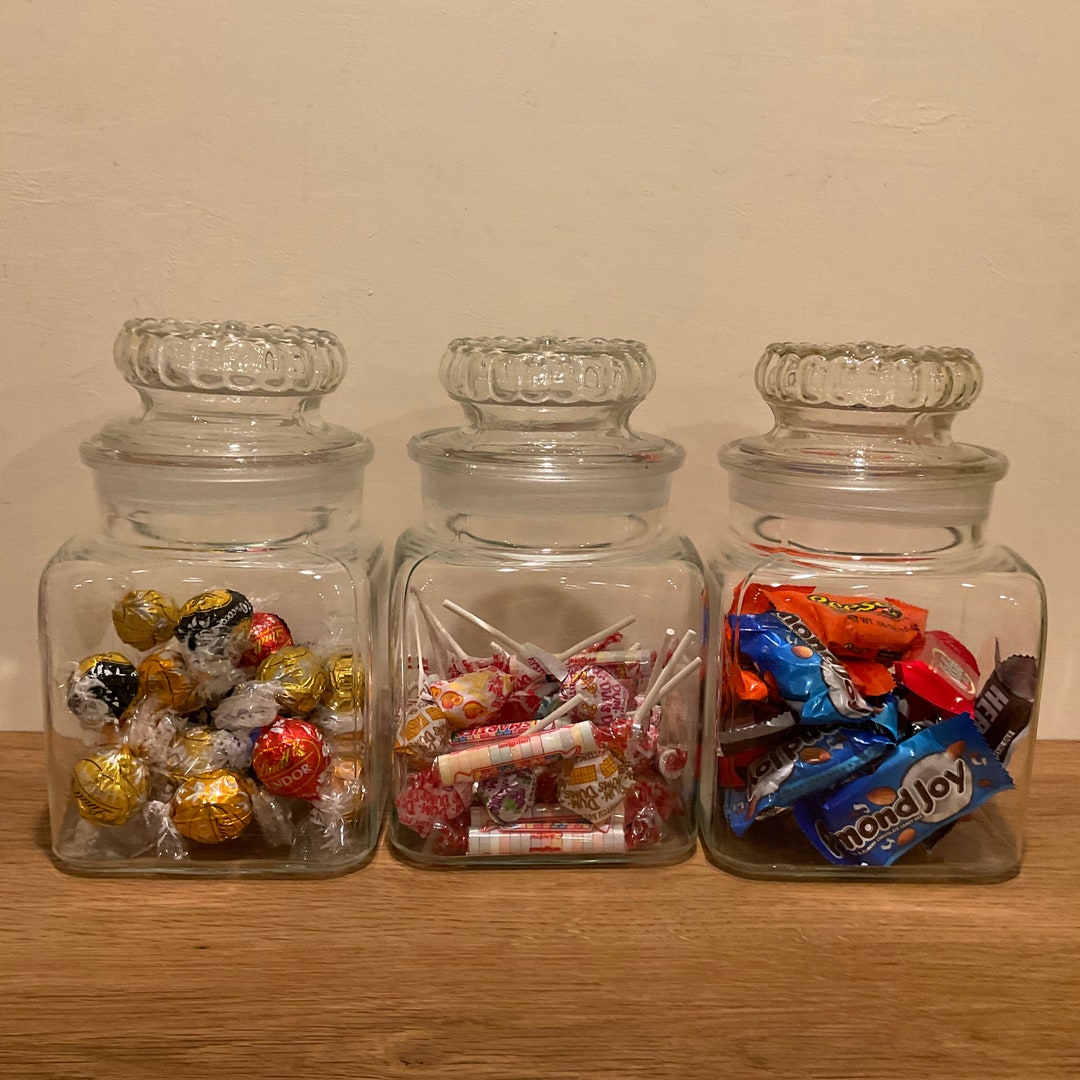 Set of 3 Vintage Glass Jars With Textured Glass Lids Clear Kitchen ...