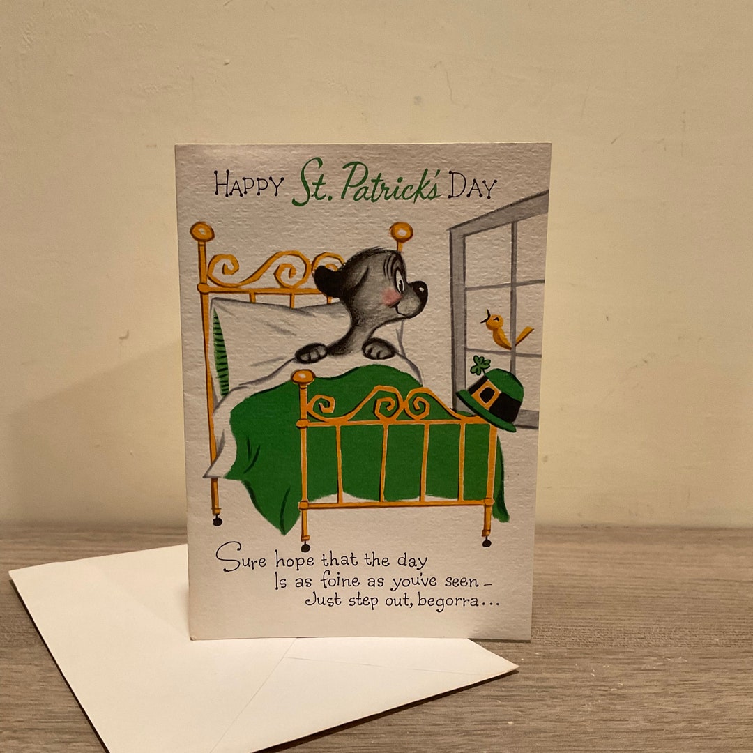 Vintage Happy St. Patrick’s Day Card With Cute Puppy and Bird With ...