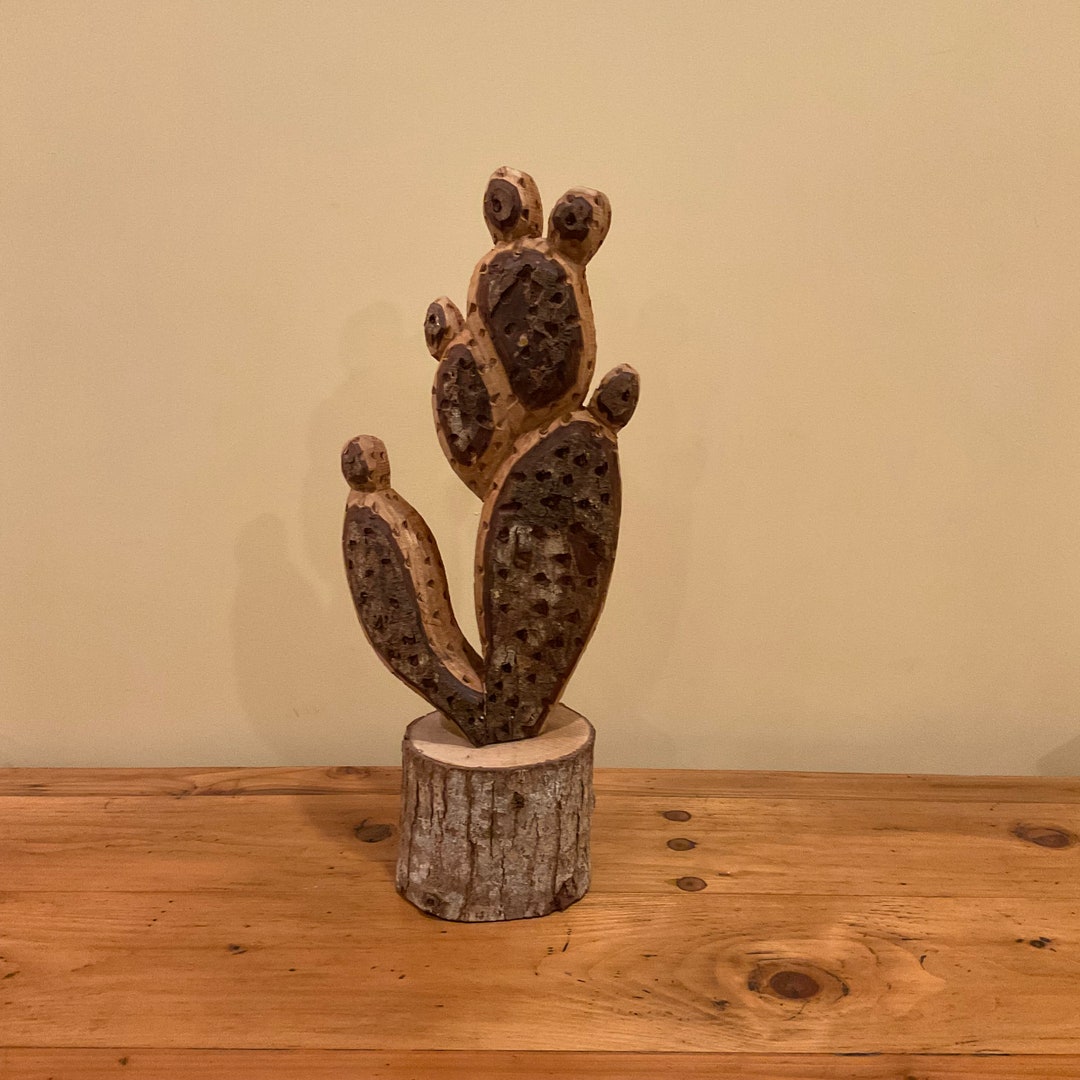 Unique Carved Wood Cactus Statue 18” in Height Faux Cactus Decor ...