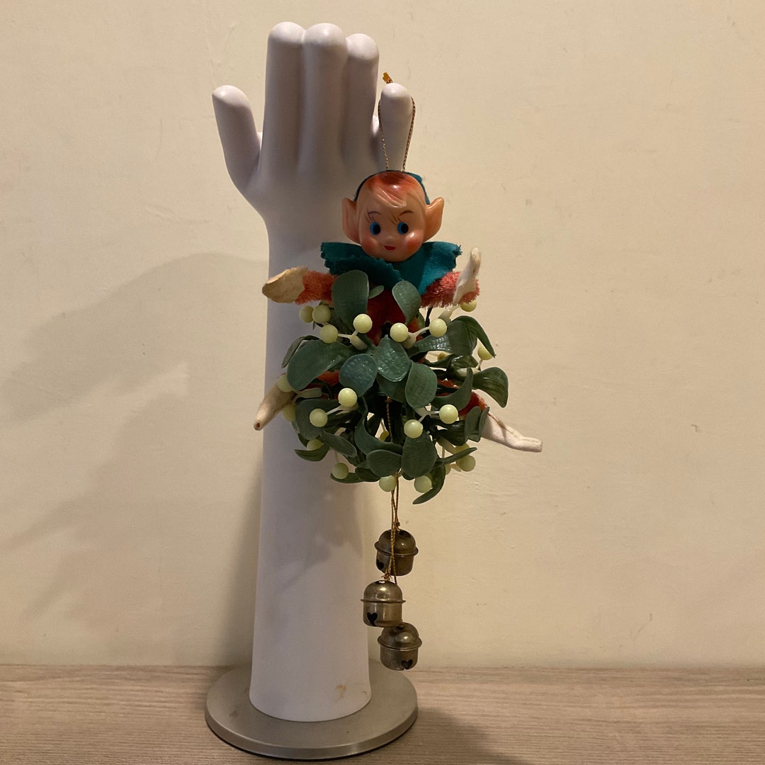 Adorable Vintage Chenille Plastic Face Pixie Mistletoe Ball With Bells ...