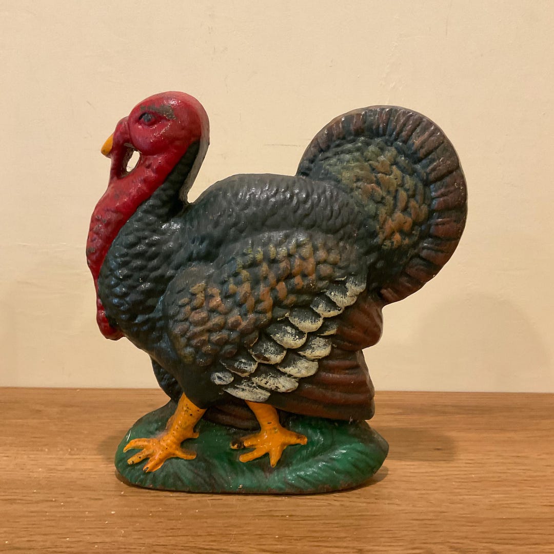Vintage Cast Iron Turkey Doorstop, Painted Metal Bookend, Thanksgiving ...
