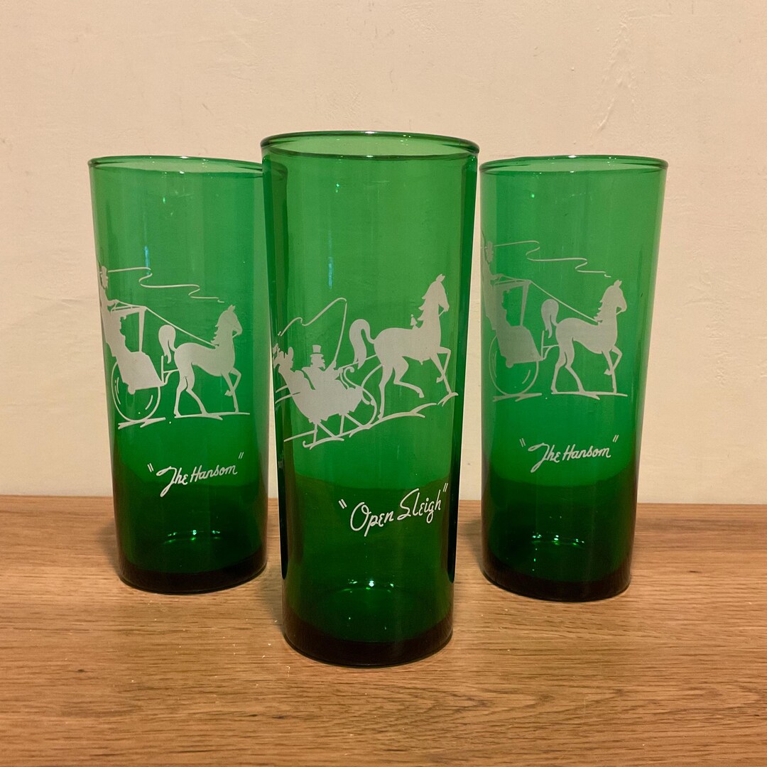 Set of 3 Vintage Anchor Hocking Green and White Highball Glasses With Old Time Transportation ...