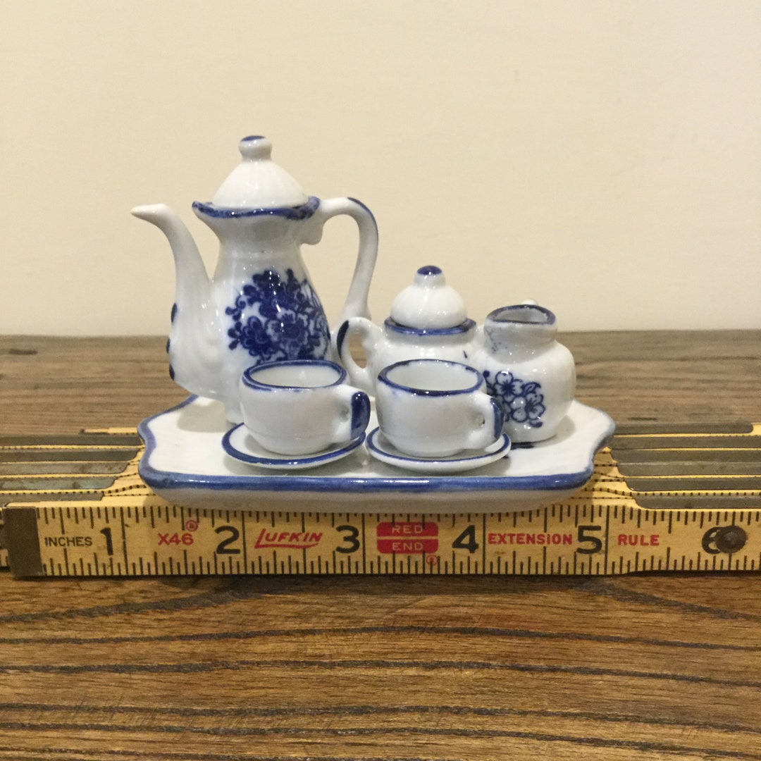 Vintage Miniature Blue and White Ceramic Toy Tea Set Doll Sized Tea ...