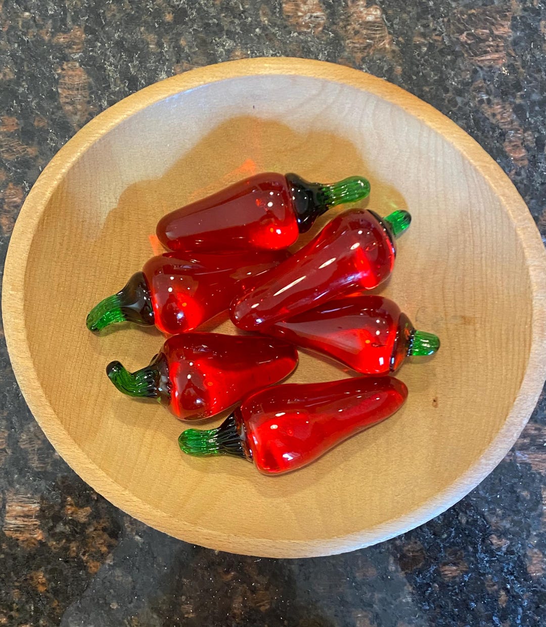 6 Glass Red Chili Peppers in Rustic Wooden Bowl Glass Vegetables Unique ...