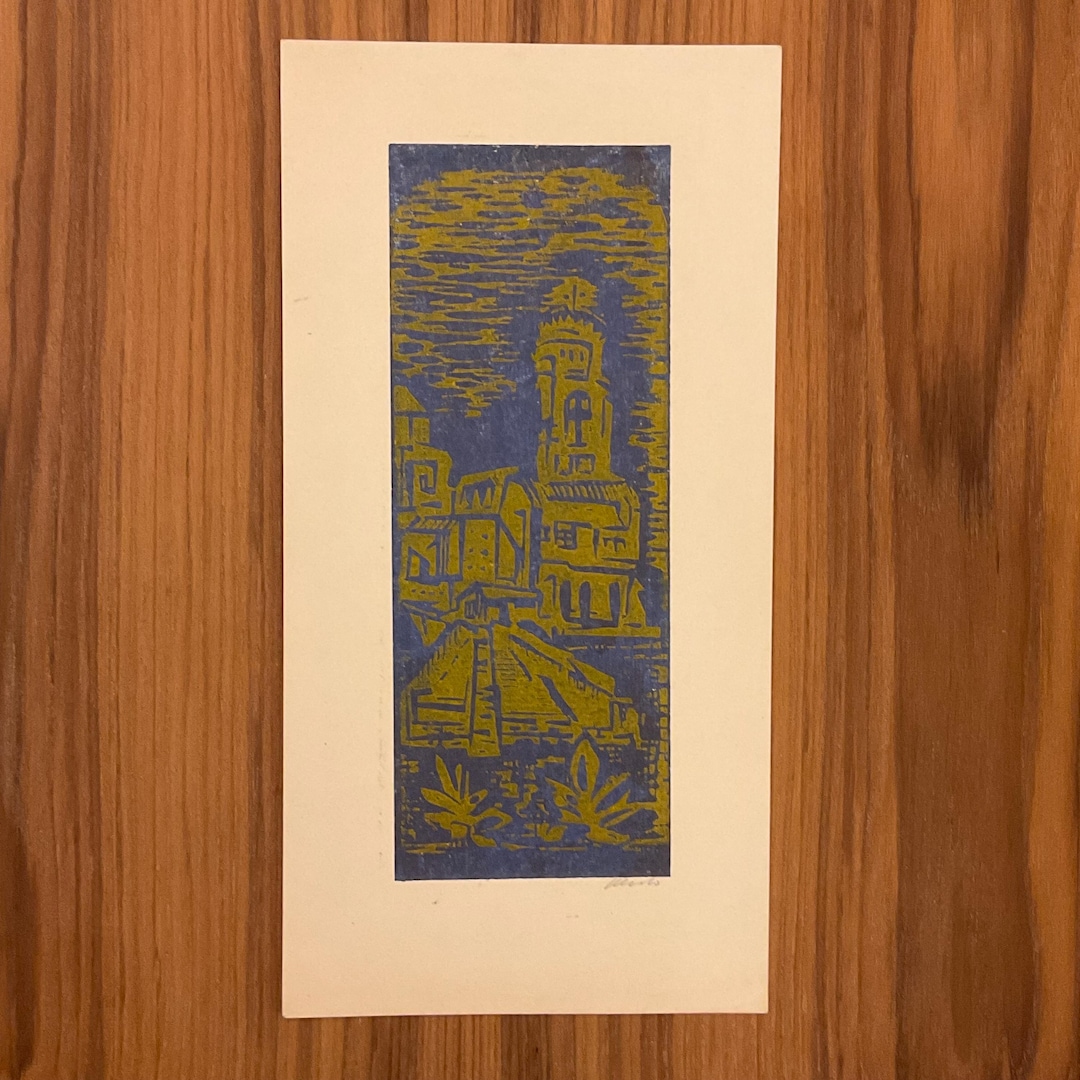 Vintage Jacob Heller Woodblock Print: Mid-century Mexican Church Scene ...