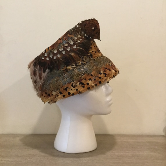 Vintage Womens Feather Hat Made of Pheasant Feathers … - Gem
