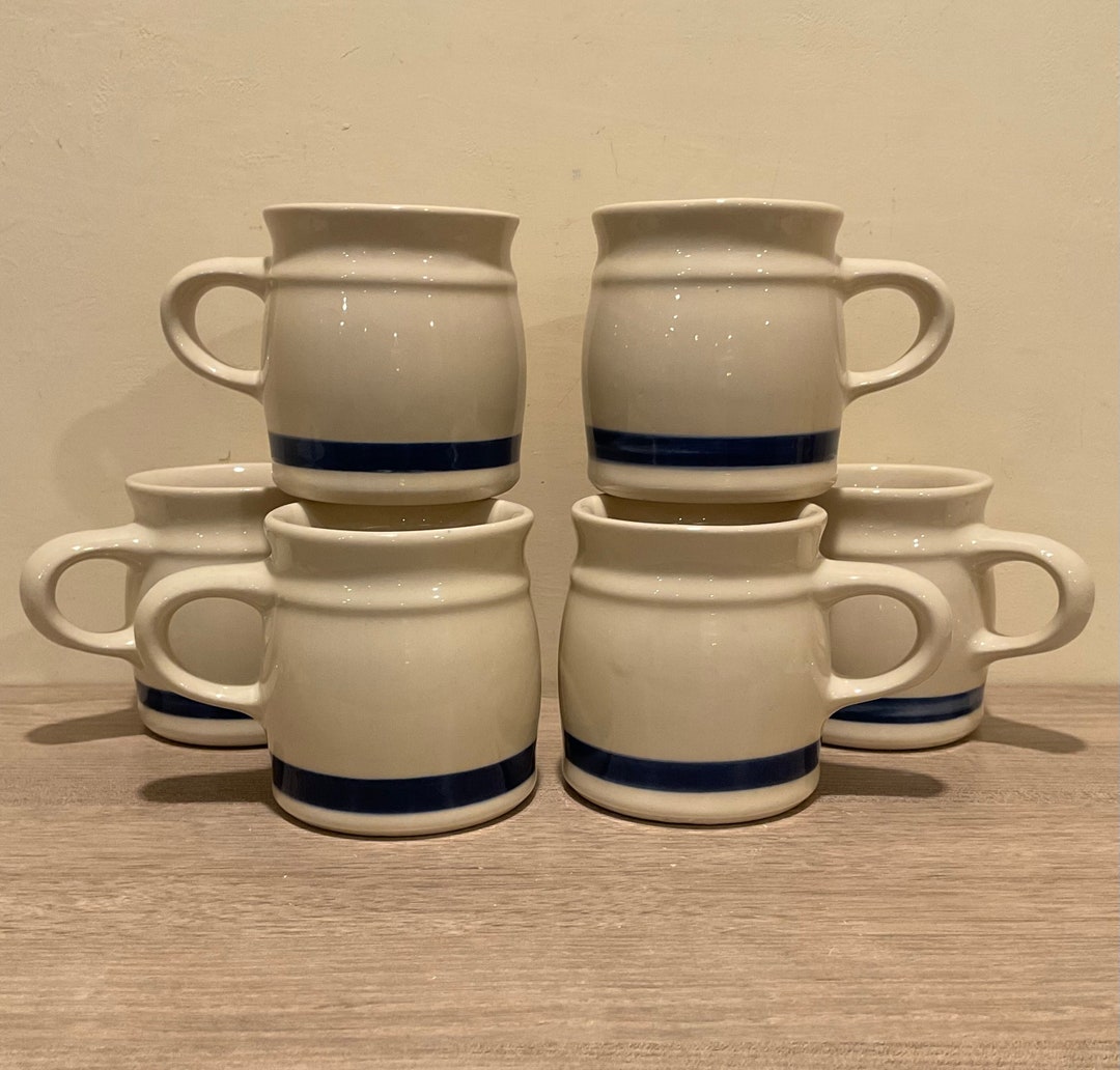 Set of 6 Stoneware Mugs Cream With Blue Stripe Heavy Coffee Mugs 11 ...