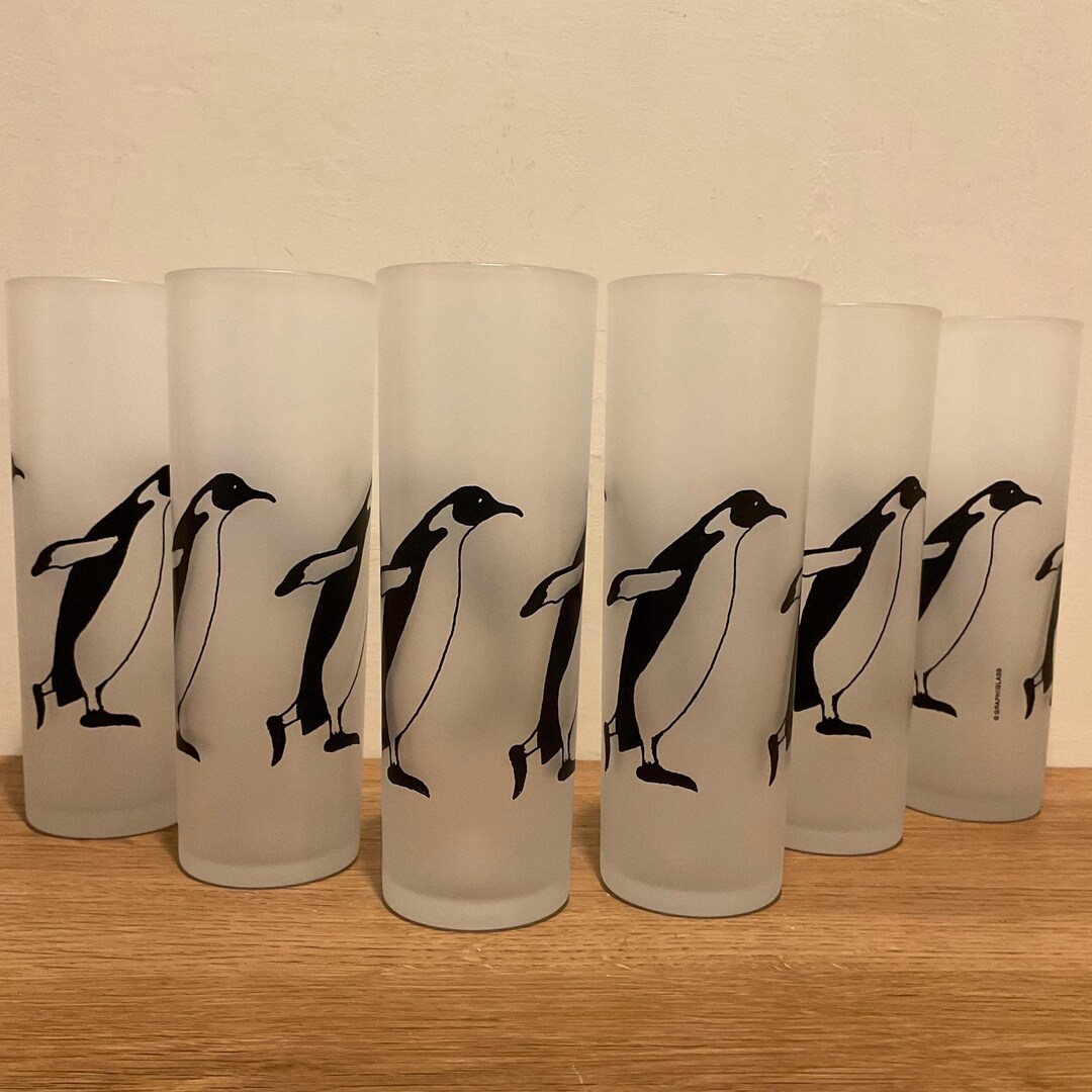 Set of 6 Tall Frosted Penguin Drinking Glasses Graphiglass for Libbey ...
