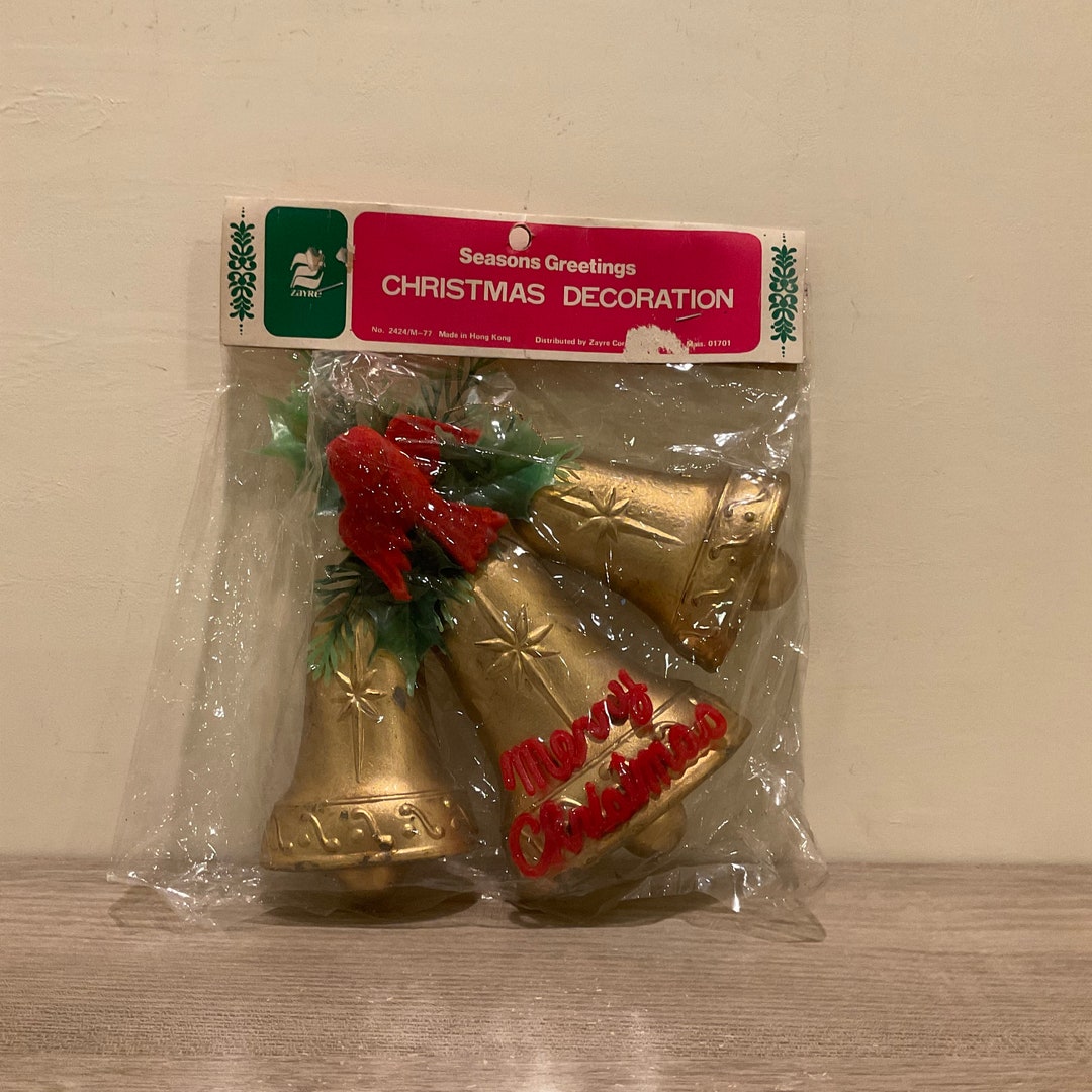 Vintage Plastic Christmas Bells With Flocked Red Bird and Greenery Wall ...