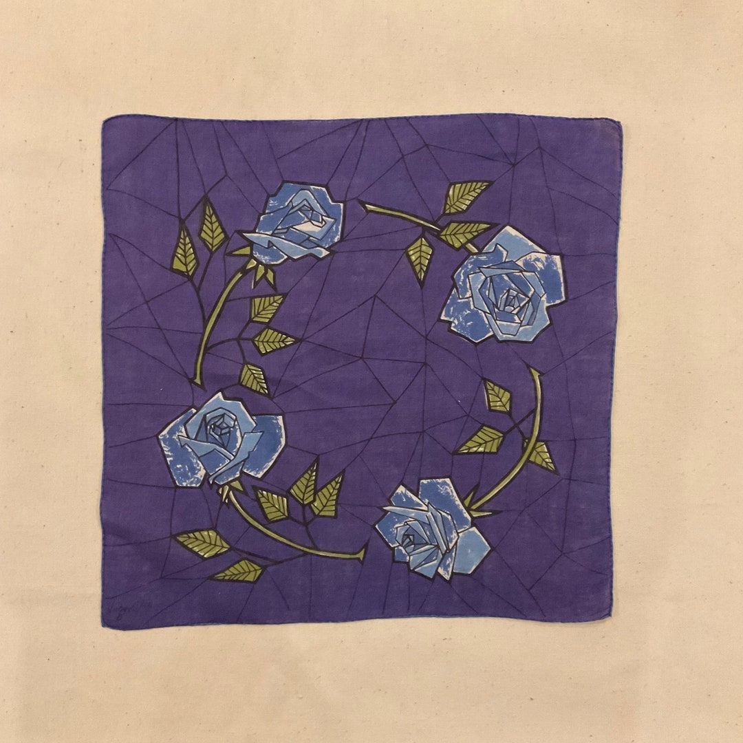 Vintage Virginia Zito Cubist Rose Handkerchief Purple and Blue Rose Mid ...