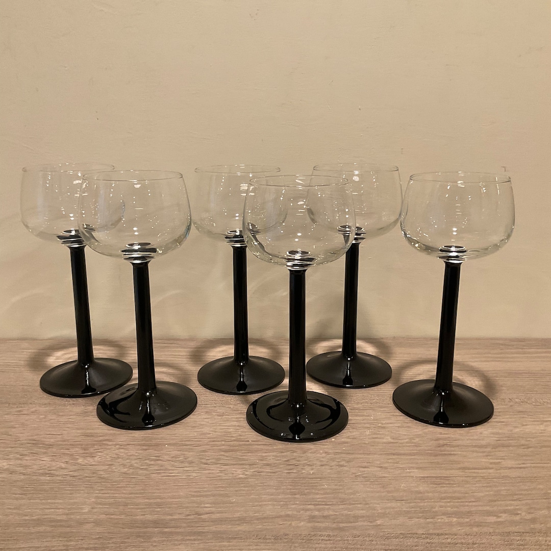 Set of Six Luminarc France Black Stem Wine Glasses 4 Ounce Capacity ...
