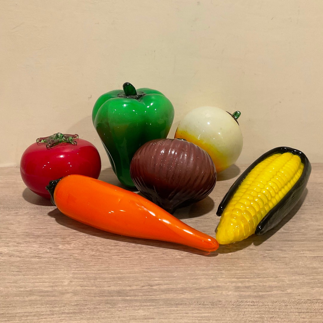 Set of 6 Glass Vegetables Corn Carrot Turnip Tomato Onion Pepper Fake ...