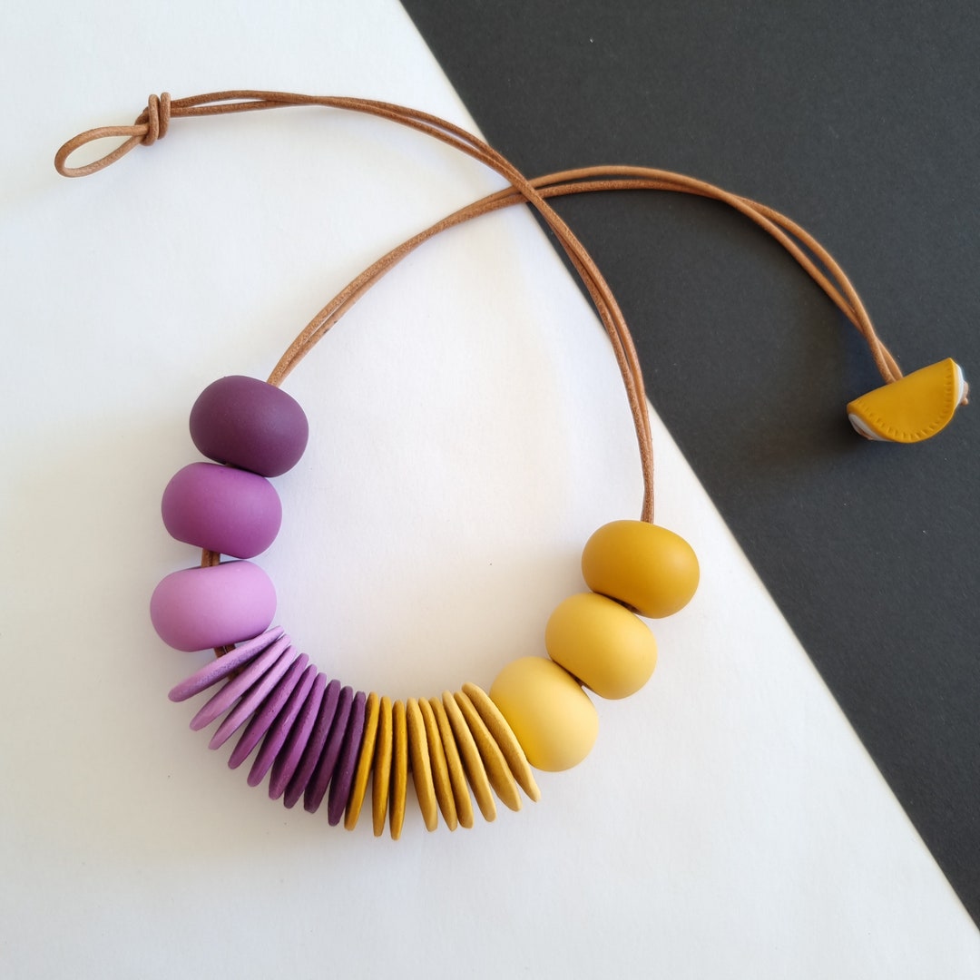 POLYMER CLAY NECKLACE, Royal Violet and Mustard Necklace, Women Pendant ...