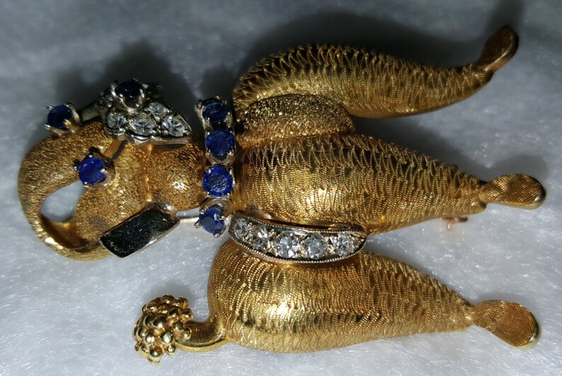 Vintage 18K Yellow Gold Poodle Pin With Sapphire & Diamonds - Etsy