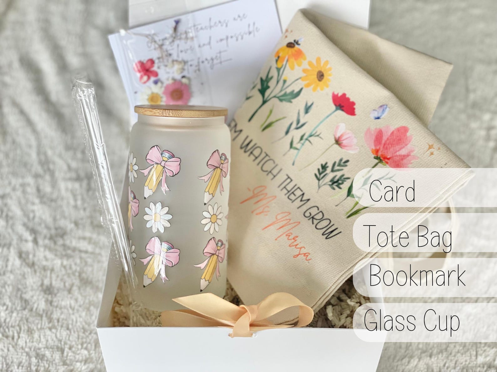 Set of 6 Teacher Gift Box Set Tote Bag Glass Cup Wrap Bamboo Lid ...