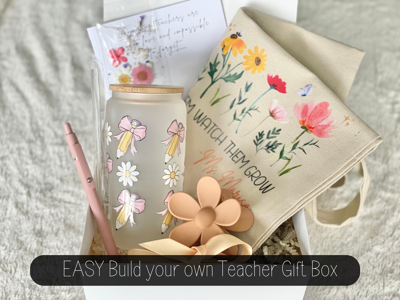 Set of 6 Teacher Gift Box Set Tote Bag Glass Cup Wrap Bamboo Lid ...