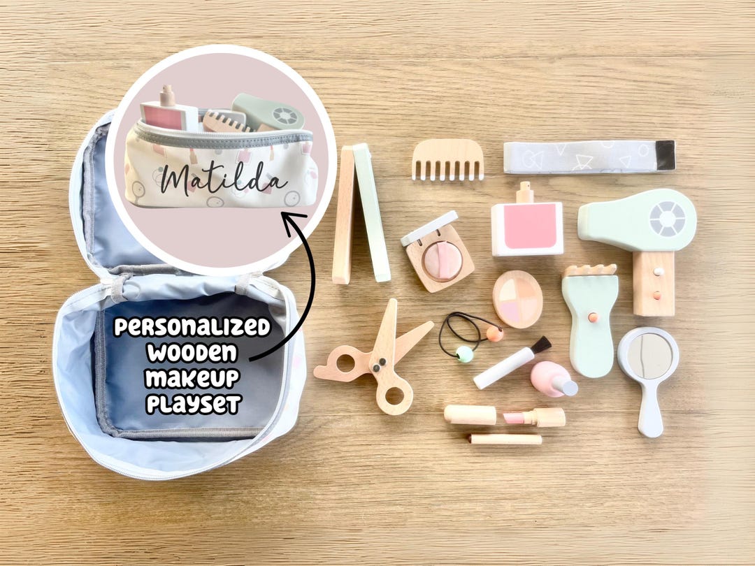 Personalized Wooden 16pc Beauty Play Set Kid Makeup Kit Hair Salon ...