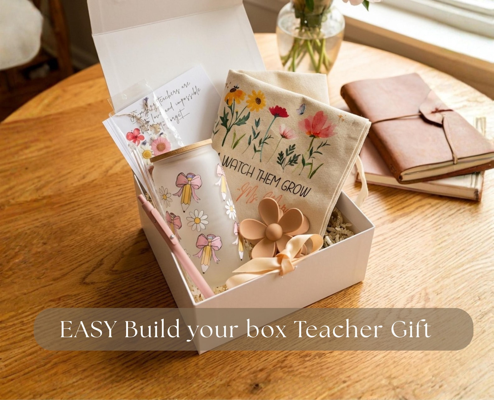 Set of 6 Teacher Gift Box Set Tote Bag Glass Cup Wrap Bamboo Lid ...