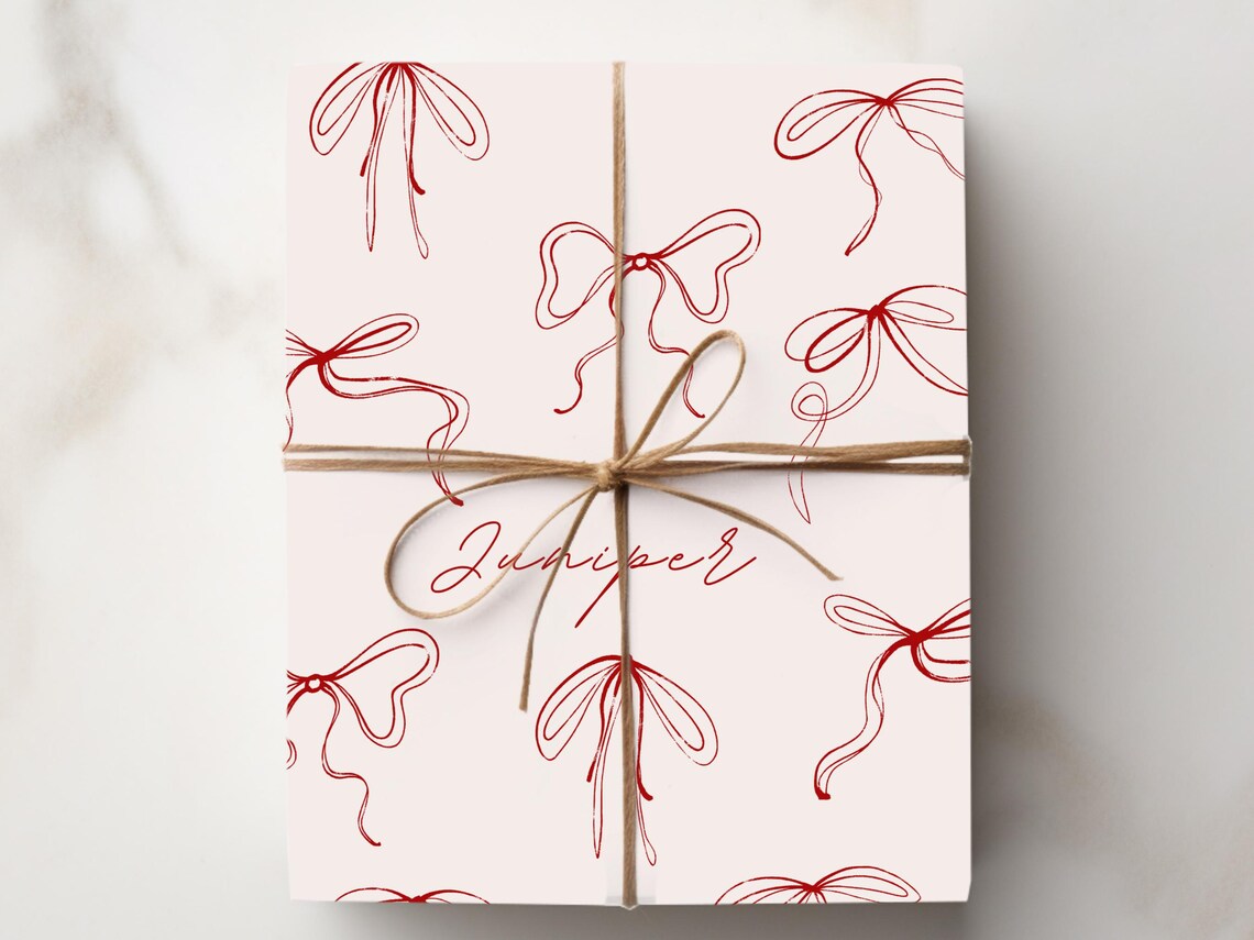 Custom Name Red Bow Wrapping Paper Hand-drawn Personalized Gift Wrap ...