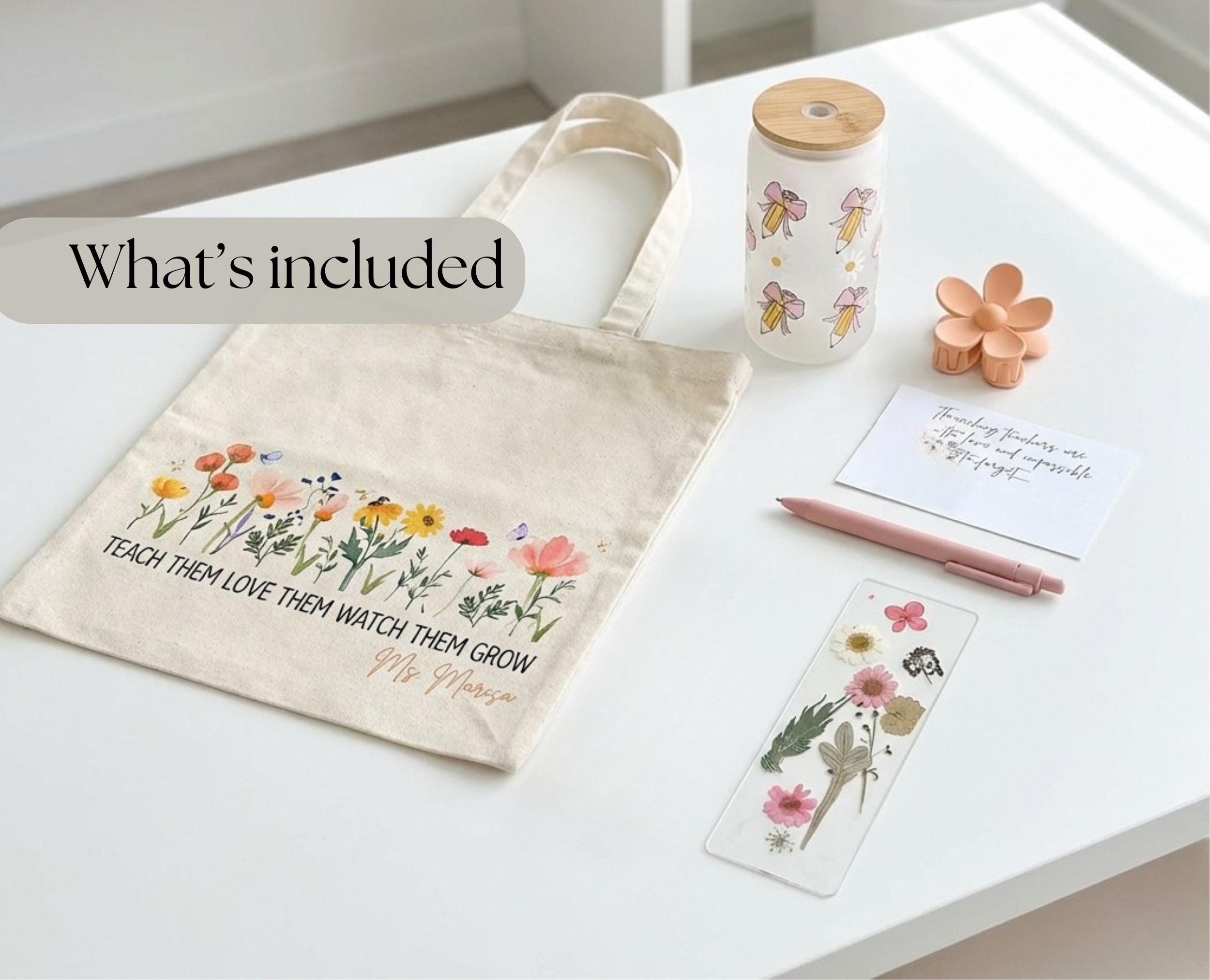 Set of 6 Teacher Gift Box Set Tote Bag Glass Cup Wrap Bamboo Lid ...