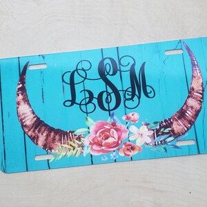 Steer Horn Floral License Plate Car Tag Monogram - Etsy