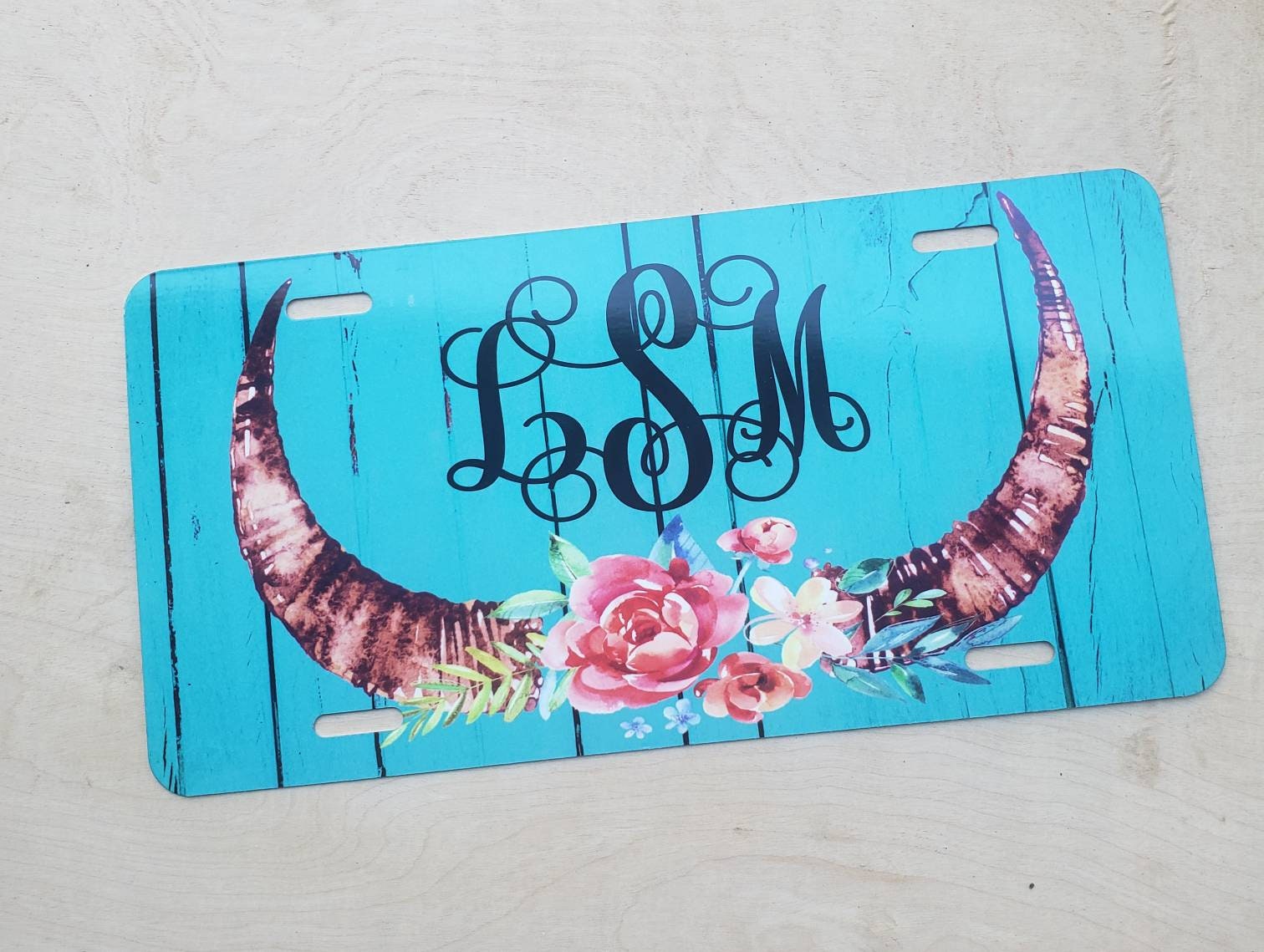 Steer Horn Floral License Plate Car Tag Monogram | Etsy