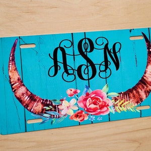 Steer Horn Floral License Plate Car Tag Monogram - Etsy
