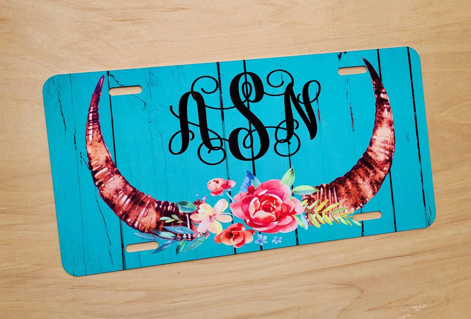 Steer Horn Floral License Plate Car Tag Monogram | Etsy