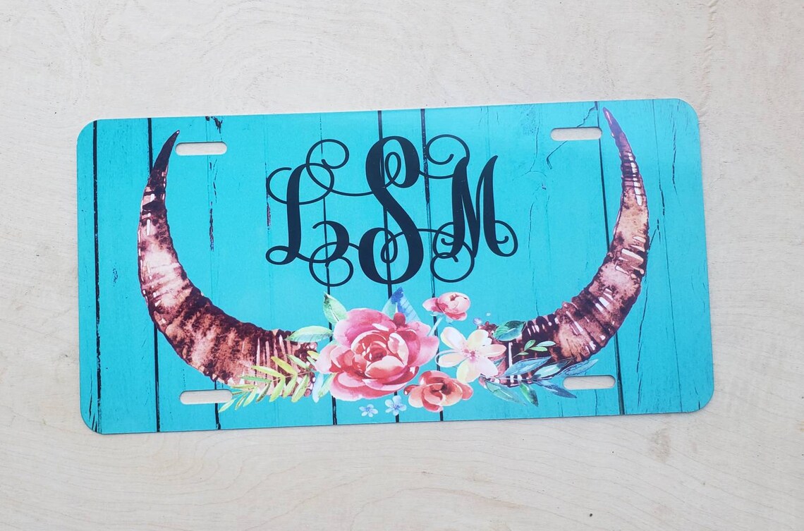 Steer Horn Floral License Plate Car Tag Monogram | Etsy