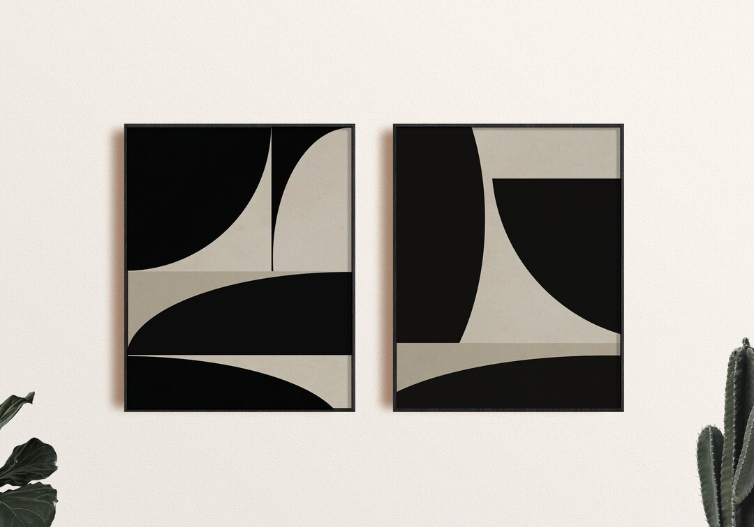 Modern Abstract Wall Art Print Set of 2, Black and Beige Geometric ...