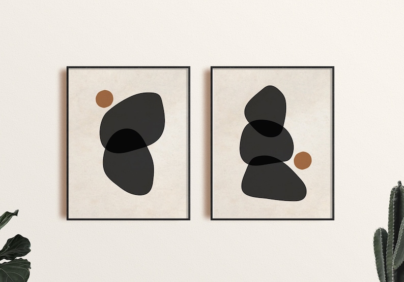 Modern Abstract Wall Art Print Set of 2, Black and Beige Geometric ...