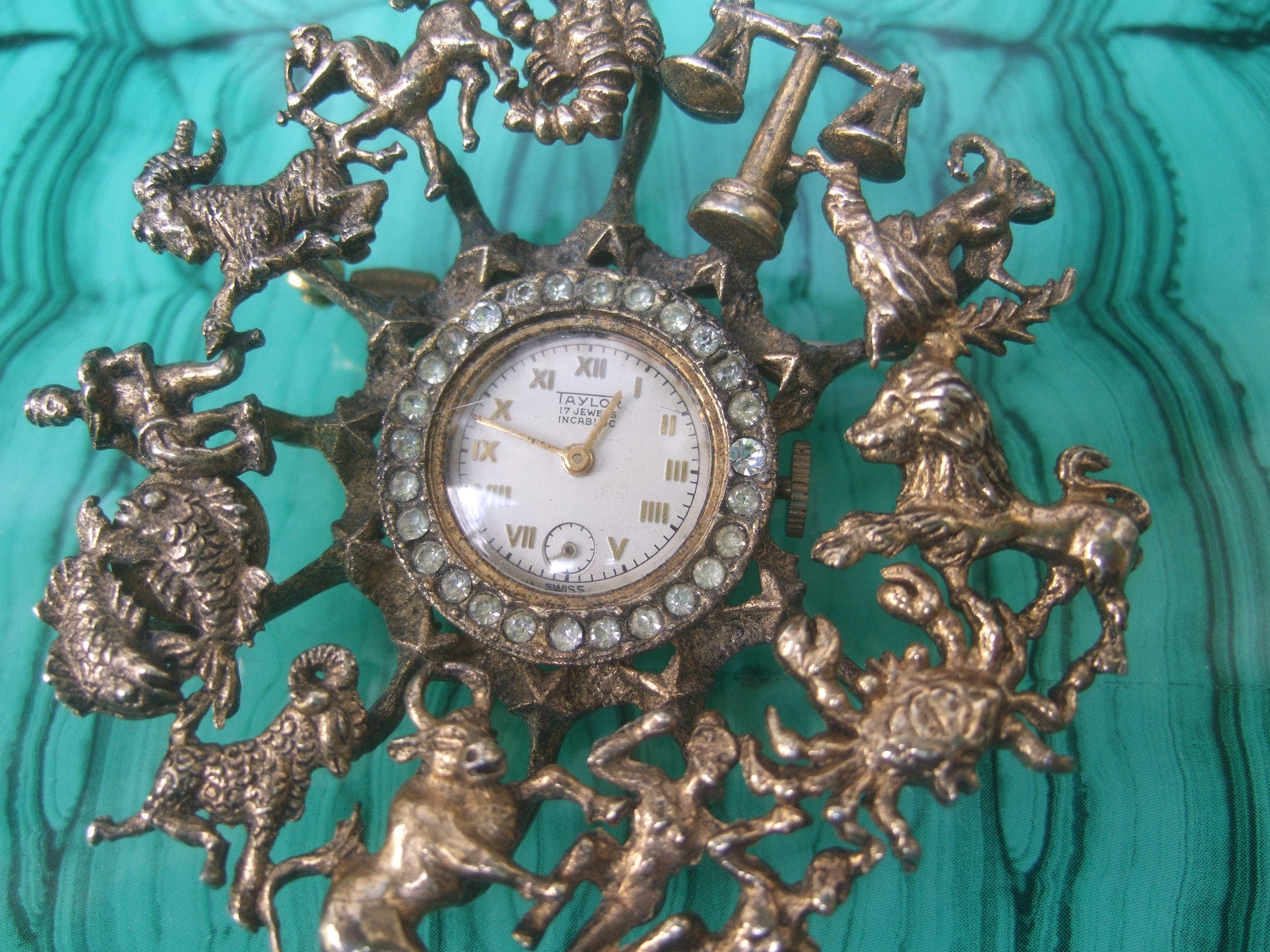 Exquisite Sterling Gilt Vermeil Astrological Clock Brooch Designed by ...