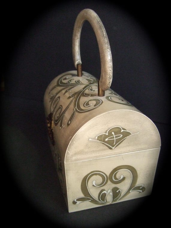 1970s Charming Handmade Wood Enamel Box Purse - Gem