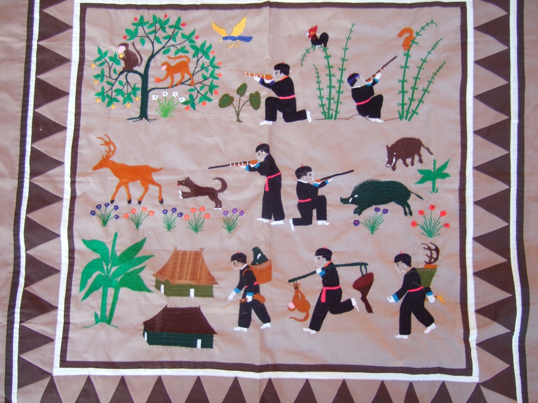 Unique Partially Handmade Cloth Applique Artisan Hunt Scene Fabric ...