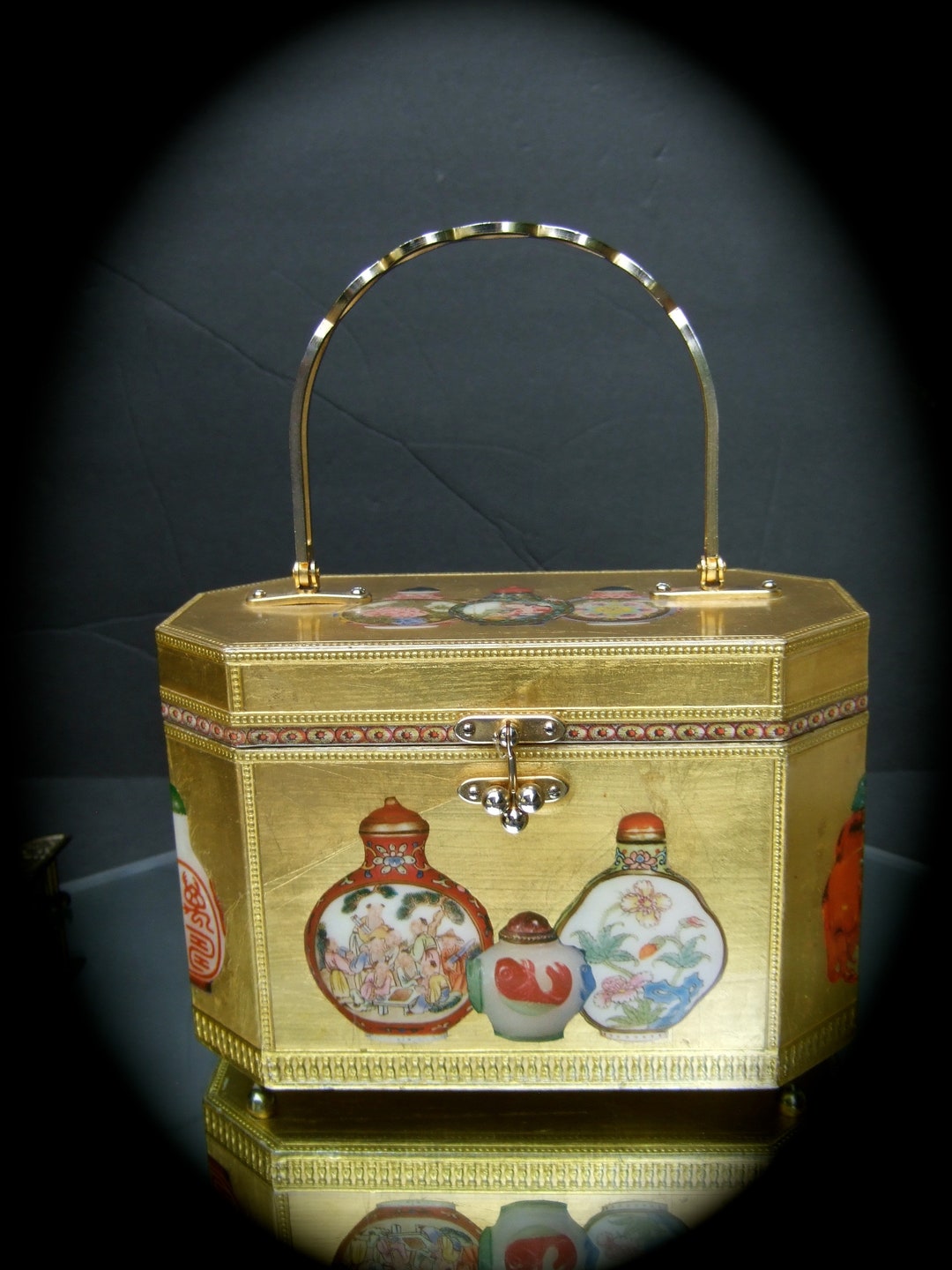 SAKS FIFTH AVENUE Elegant Chinoiserie Gilt Enamel Decoupage Box Purse C ...