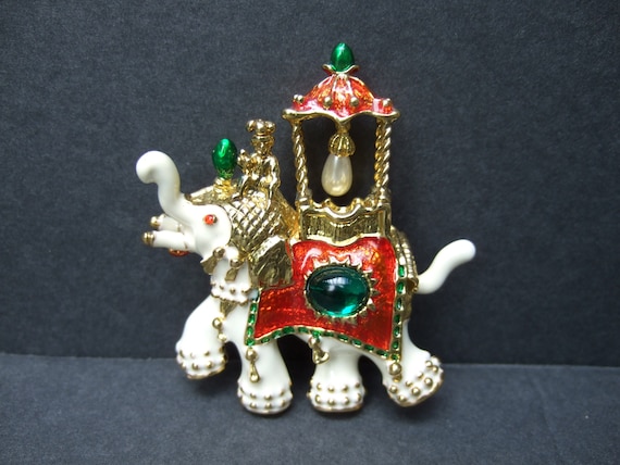 Exotic Gilt Enamel Jeweled Elephant Brooch c 1980s - Gem