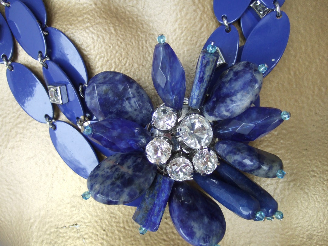 YVES SAINT LAURENT Lapis Stone Semi Precious Floral Pendant Necklace C ...