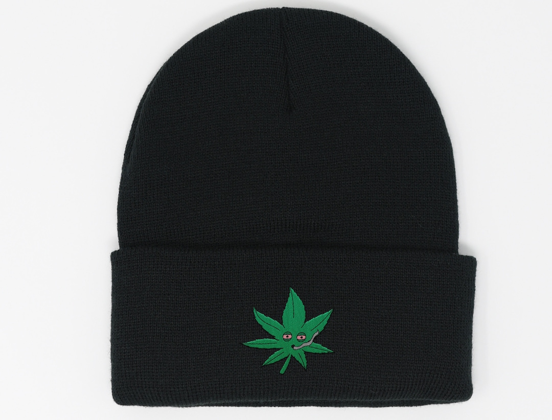 Smiley Weed Leaf Beanie 420 Embroidered Hat Funny Stoner Gift Marijuana ...