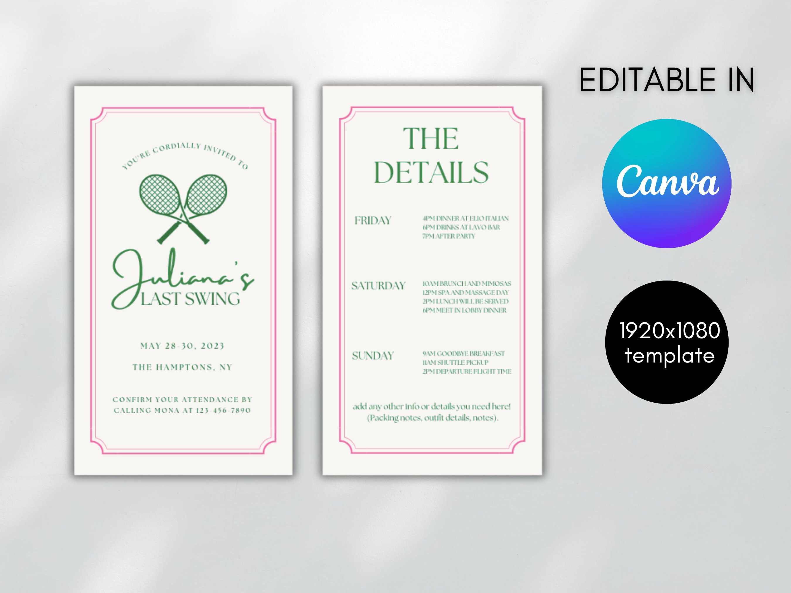 Country Club Theme Bachelorette Itinerary and Invitation Template ...