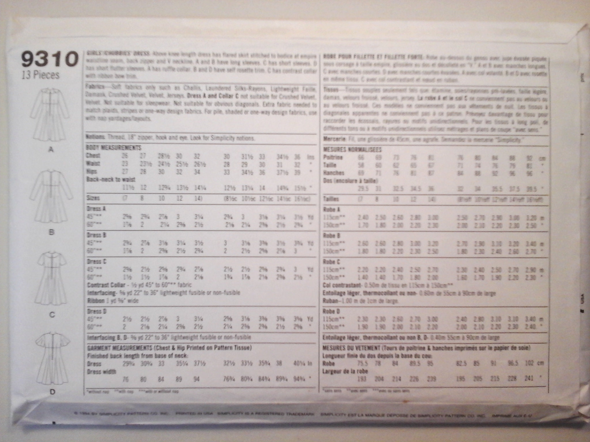 FF Simplicity 9310 Girls Empire Waist Dress Pattern Size - Etsy