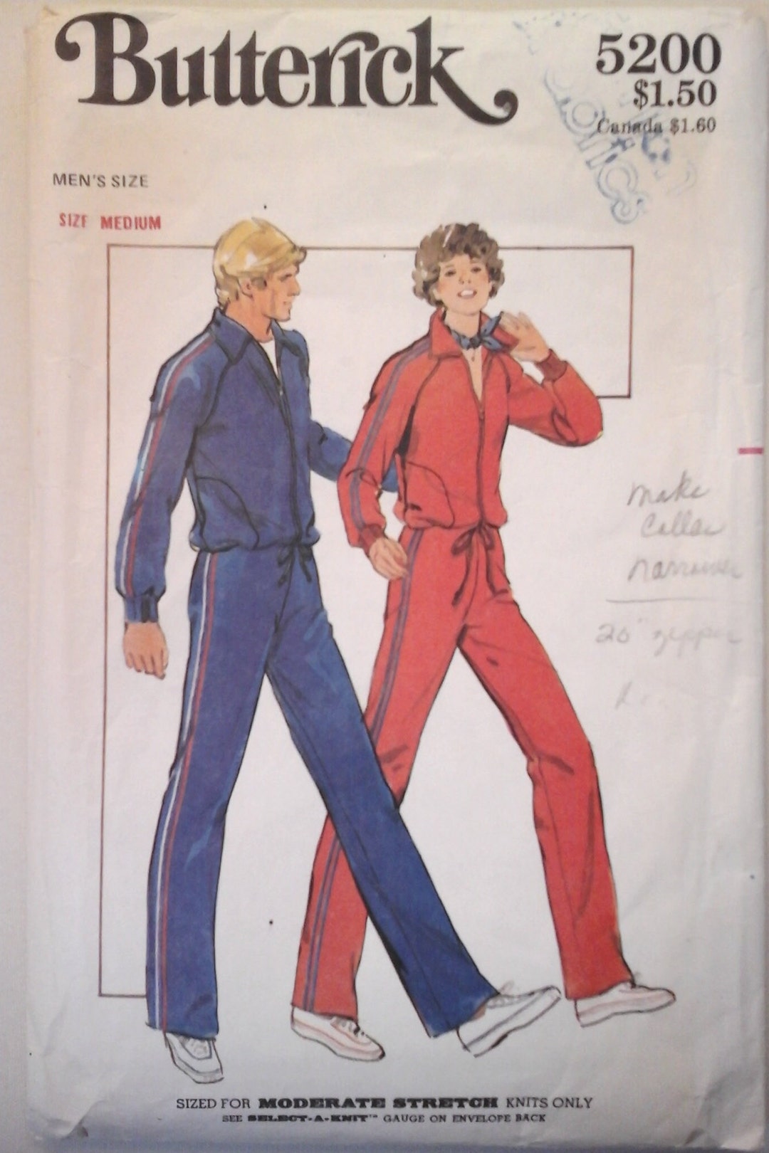 Butterick 5200 Men's Sweatshirt / Jacket and Sweatpants Pattern, Size ...