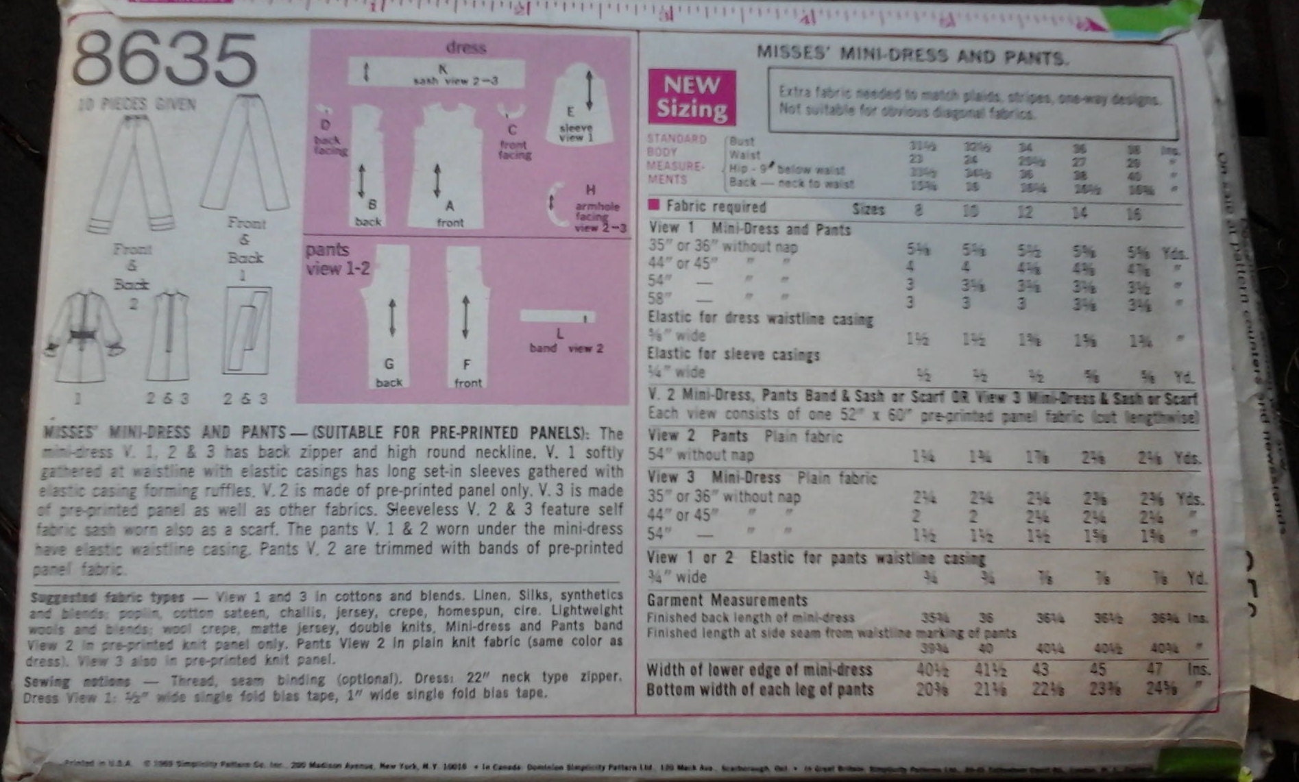 1960s Simplicity 8635 Mini-dress and Pants Pattern, Size 8, Bust 31.5 ...