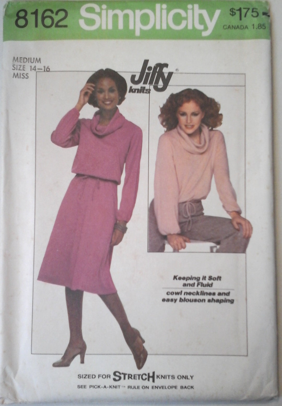 FF 70s Simplicity 8162 Knit Cowl-neck Top and Skirt Pattern, Size 14-16 ...