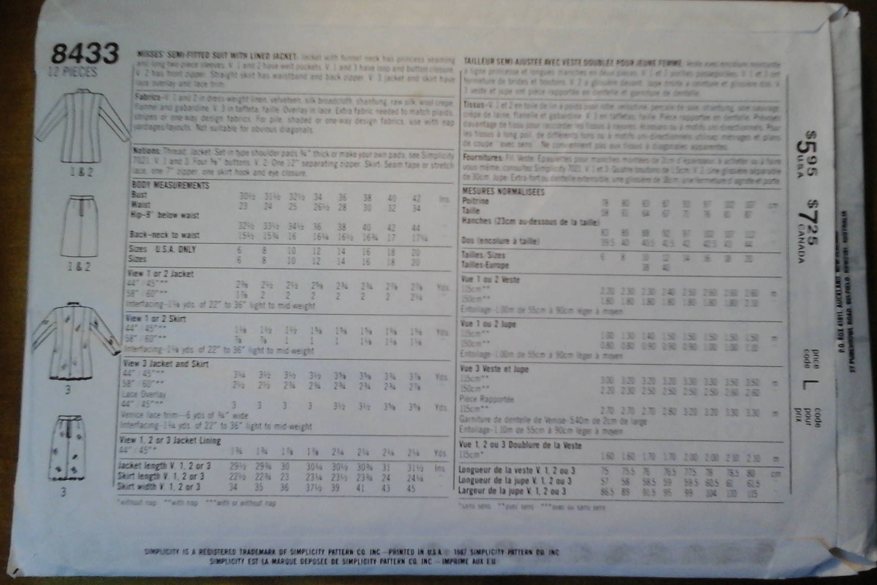 1980s Simplicity 8433 Misses Semi-fitted Suit With Lined Jacket Pattern ...