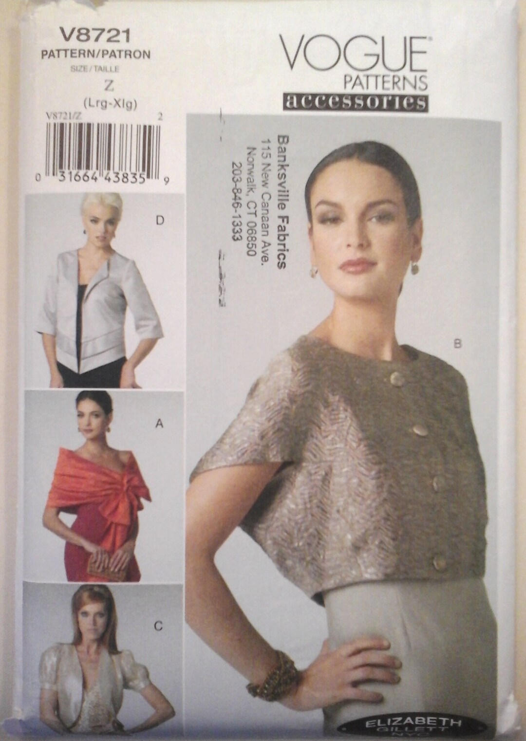 Vogue V8721 Misses Evening Wrap, Shrug and Jacket Pattern, Size L-XL Bust 38-44, Elizabeth ...