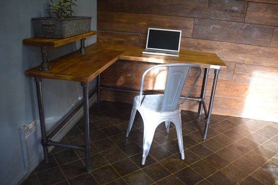 Industrial Corner Desk With Raised Shelf Reclaimed Scaffold Board Desk Top With Galvanised or Raw Steel Frame Etsy UK
