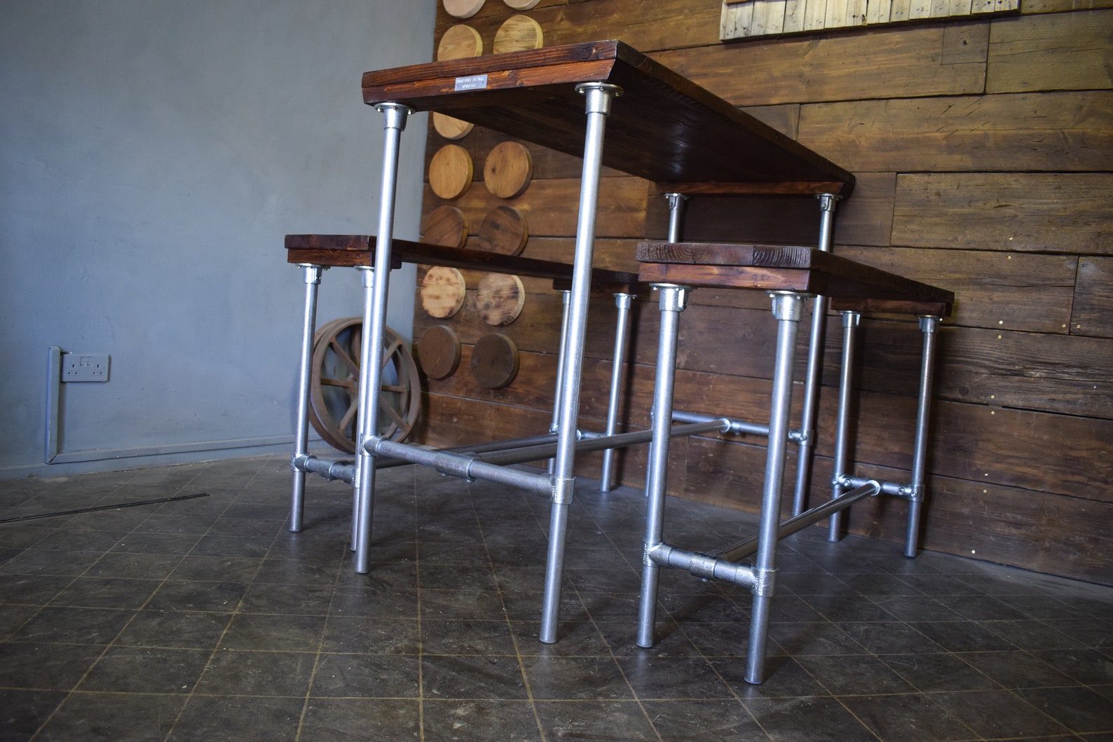 Industrial High Bar Table and Bench Set, Reclaimed Scaffold Board ...