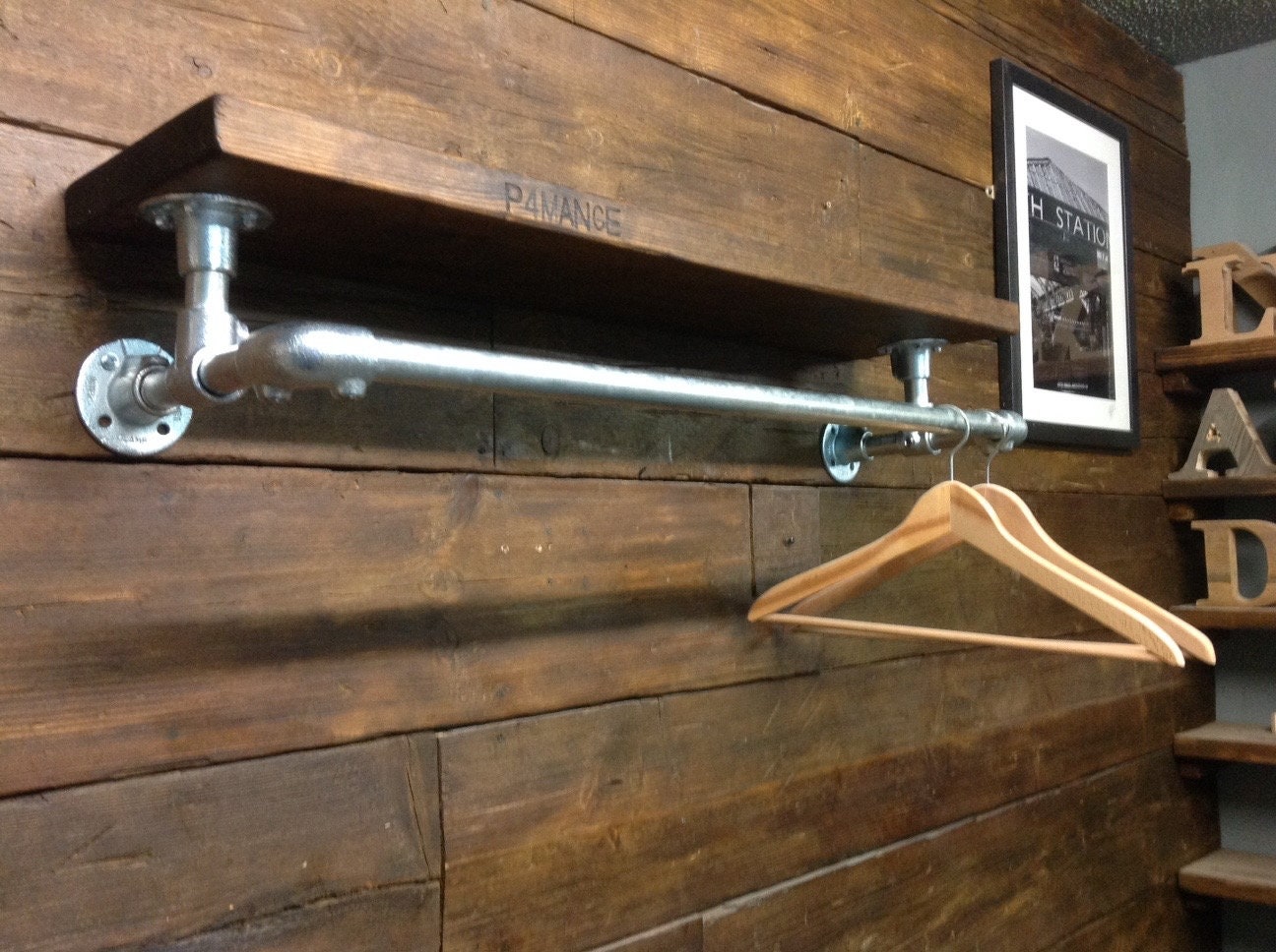 Industrial Wall Mounted Hanging Rail With Reclaimed Scaffold Board ...